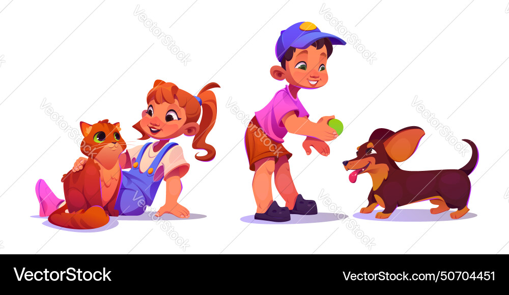 Happy children play with their pets Royalty Free Vector