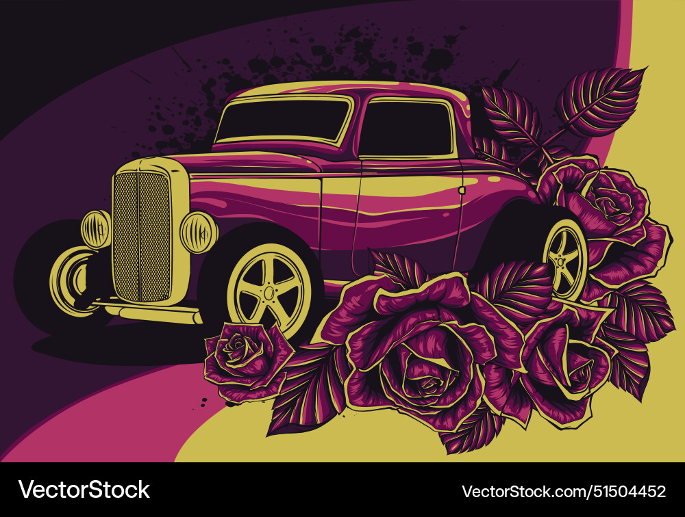 Hot rod car with roses Royalty Free Vector Image