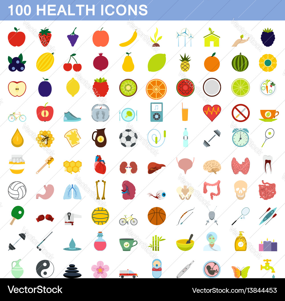 100 health icons set flat style Royalty Free Vector Image