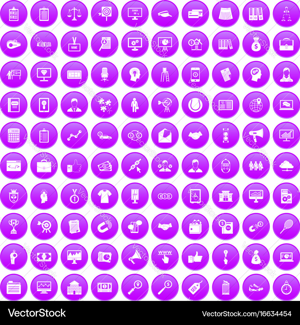 100 partnership icons set purple Royalty Free Vector Image