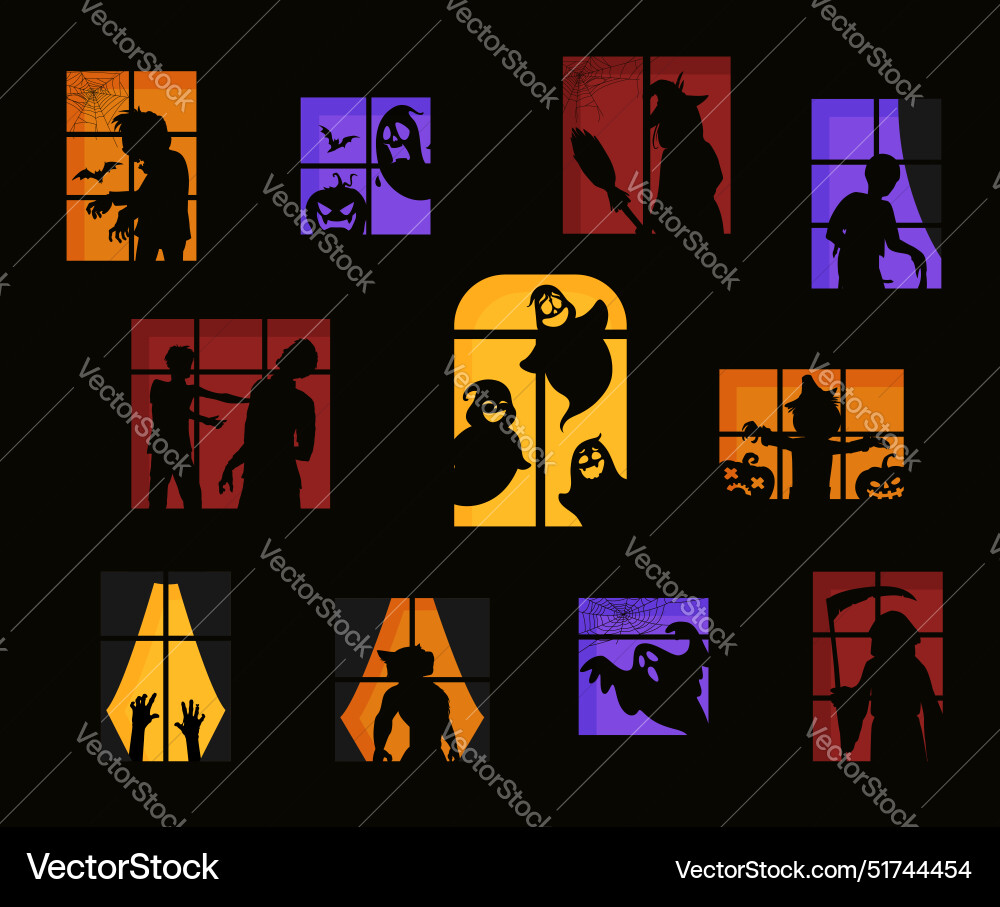 Halloween scary character silhouettes in windows Vector Image