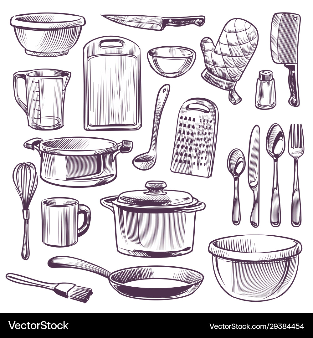 Kitchen utensils sketch cooking equipment frying Vector Image
