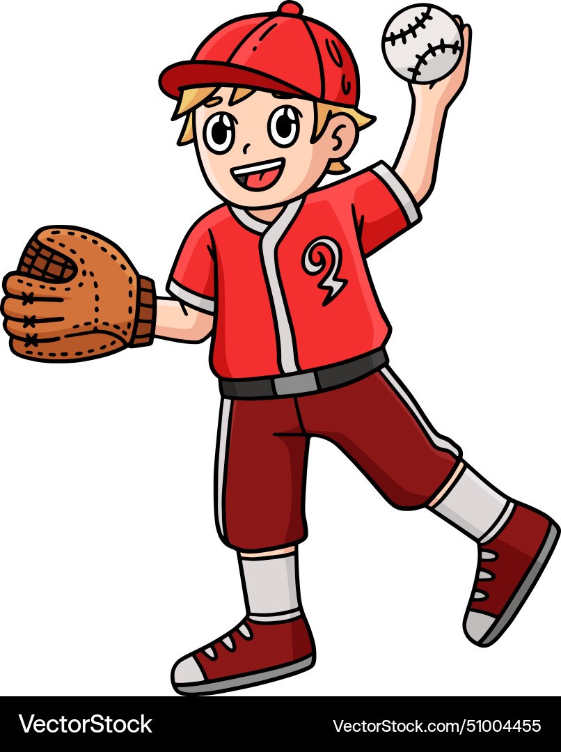 Baseball boy pitching cartoon colored clipart Vector Image