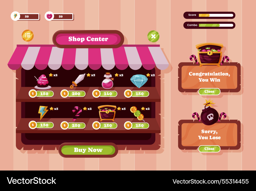 Colorful game shop interface with win and lose Vector Image