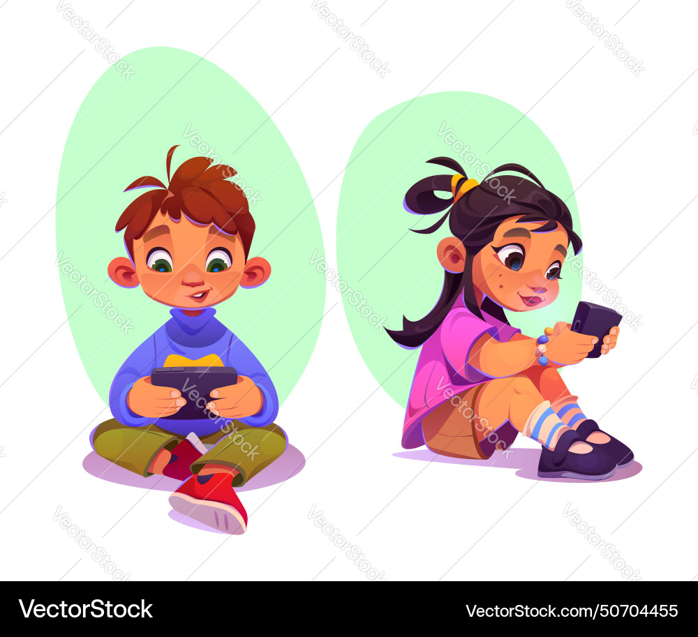Kids playing with mobile phone cartoon Royalty Free Vector