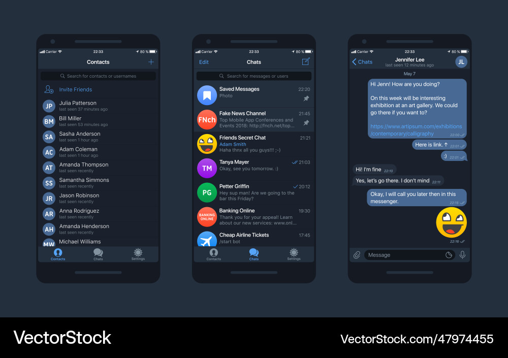 Telegram whatsapp messenger app night mode mockup Vector Image
