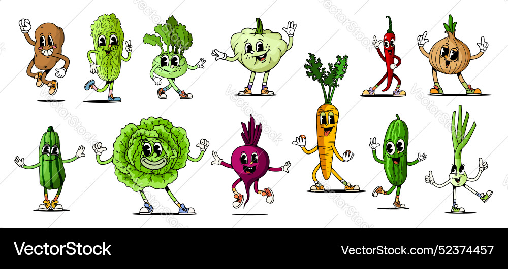 Cartoon retro groovy cheerful vegetable characters