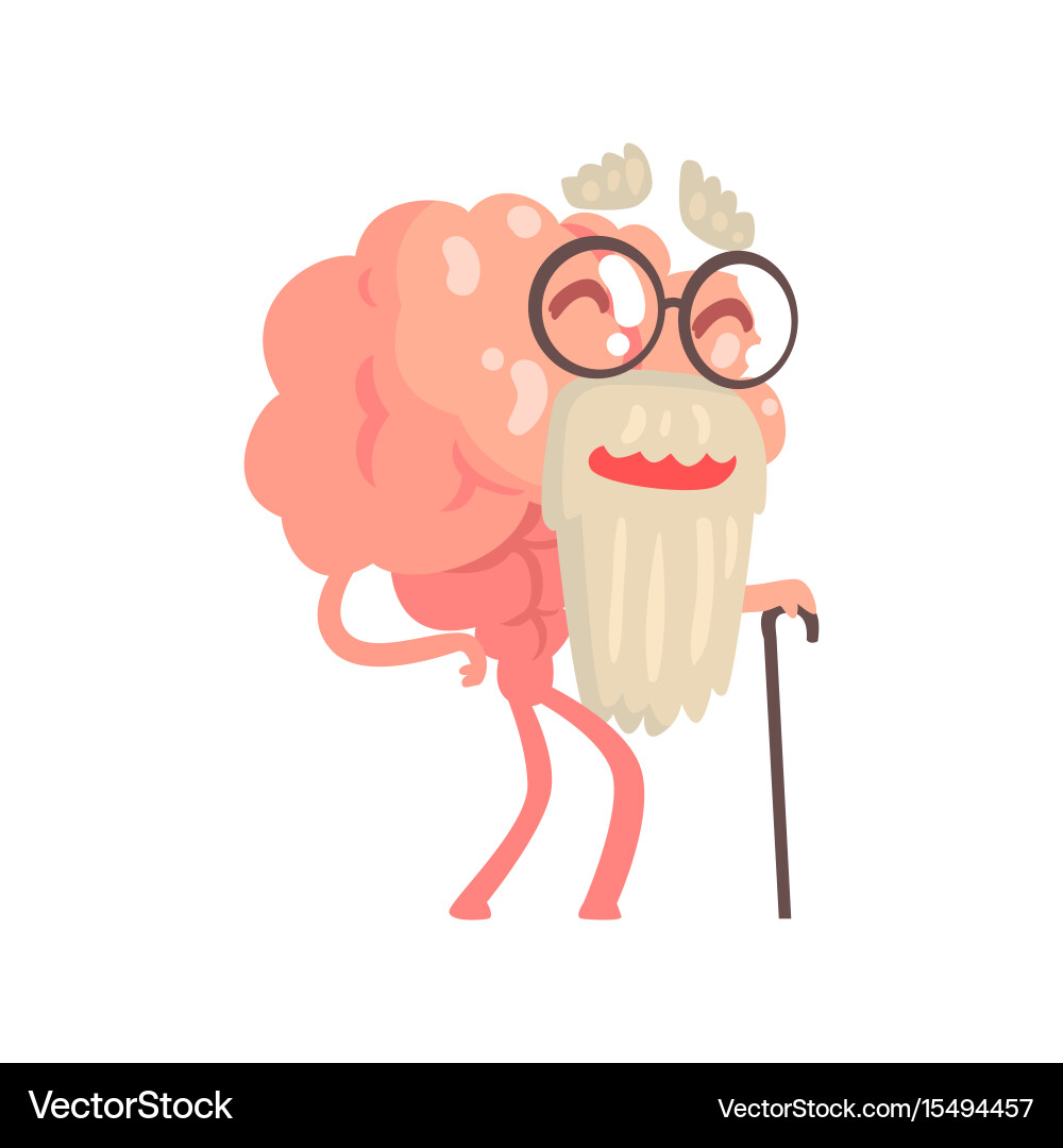 Humanized gray bearded old cartoon brain character