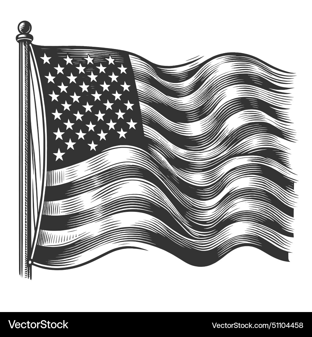 American flag waving engraving sketch Royalty Free Vector