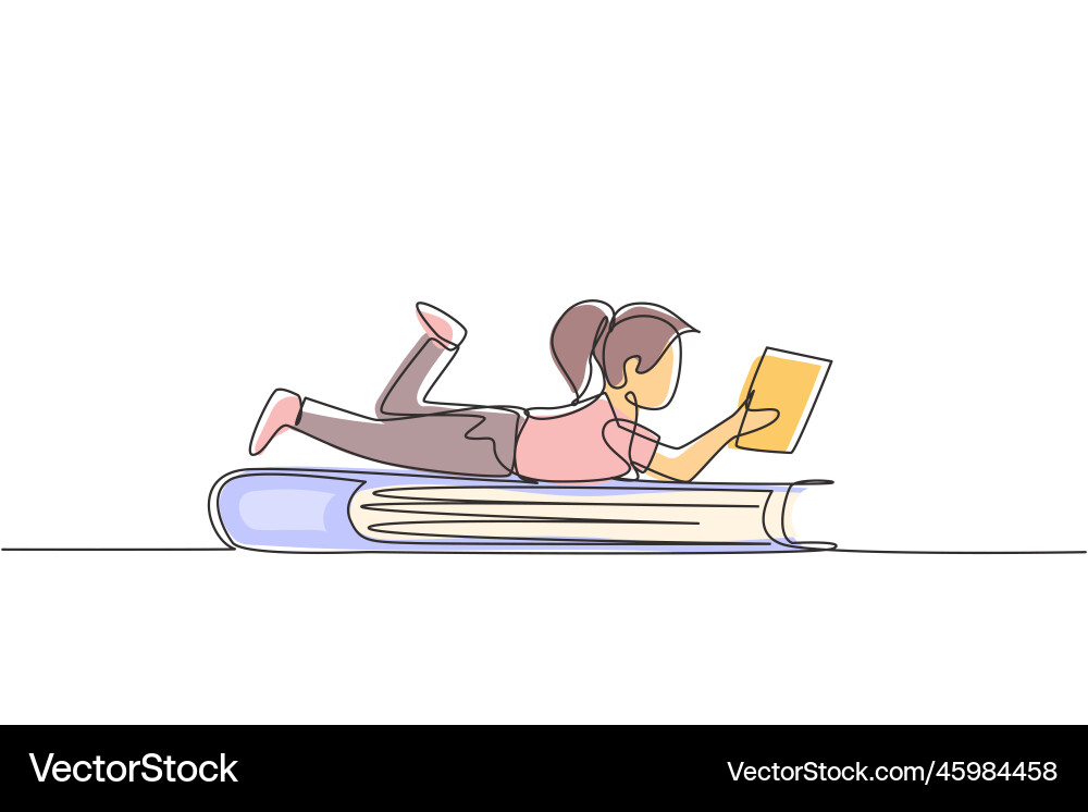 Continuous one line drawing little girl reading Vector Image