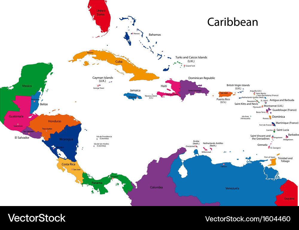 Caribbean Map with Countries and Capitals Vector Image