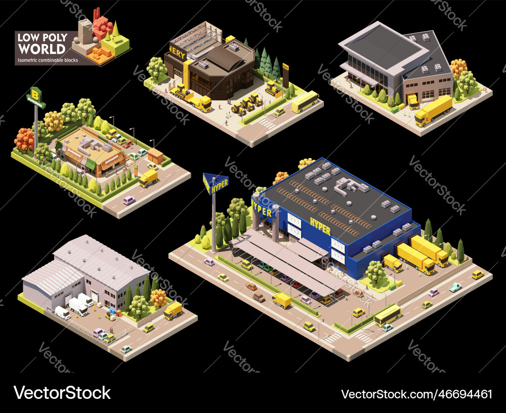 Isometric city commercial area elements Royalty Free Vector