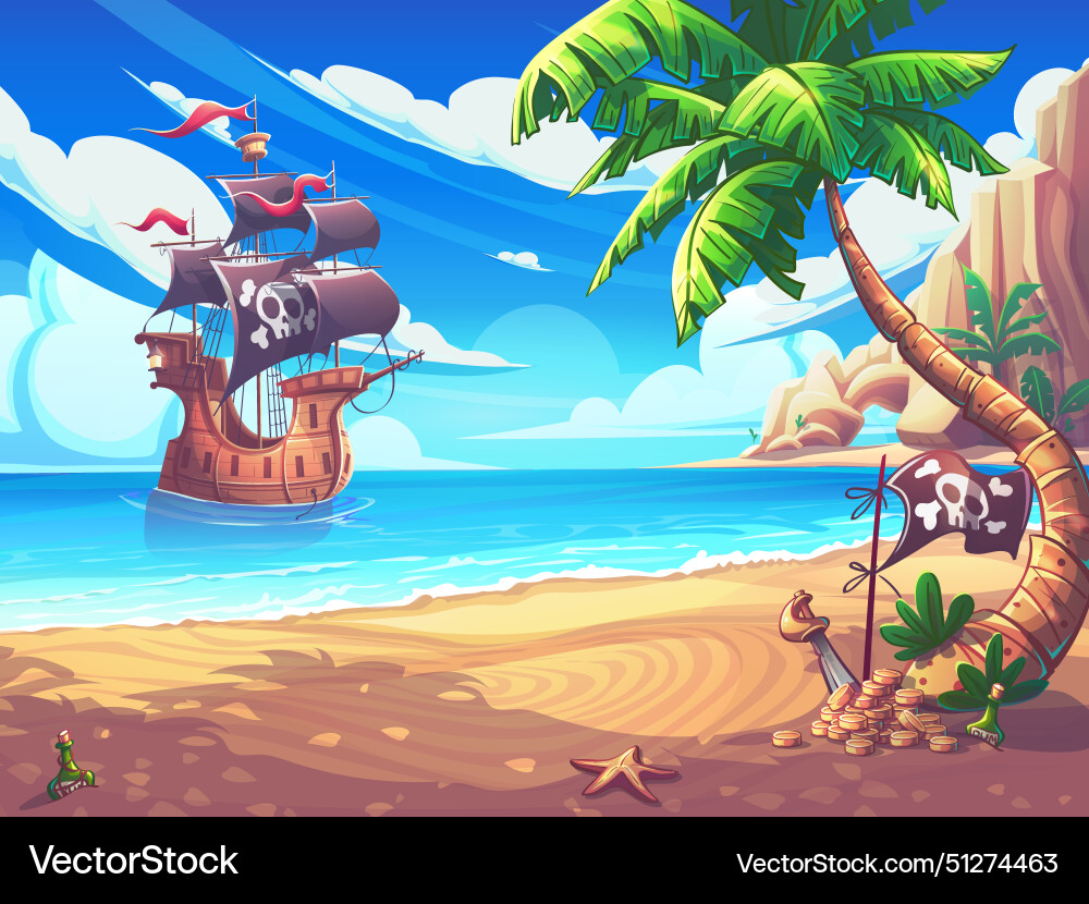 Cartoon seascape with pirates ship Royalty Free Vector Image