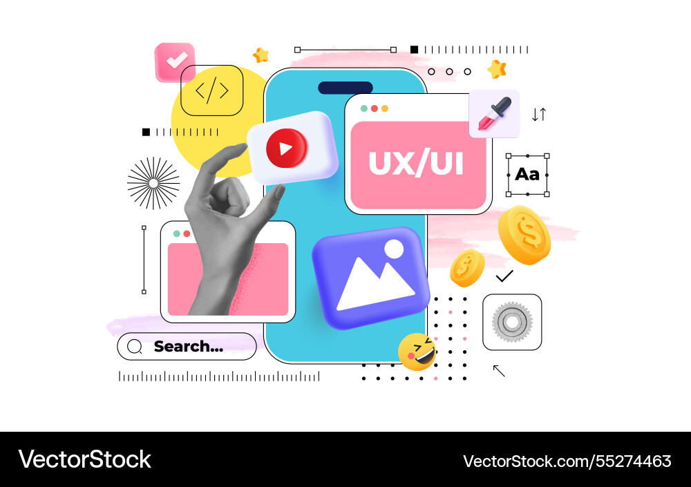 Trendy collage poster design - app development Vector Image