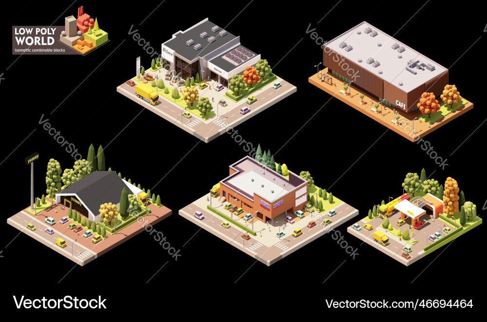 Isometric city commercial area elements Royalty Free Vector