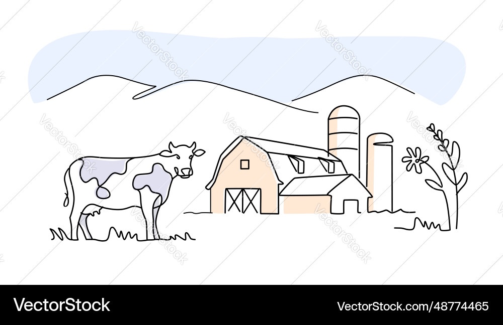 Cow with barn line art drawing minimalist black Vector Image