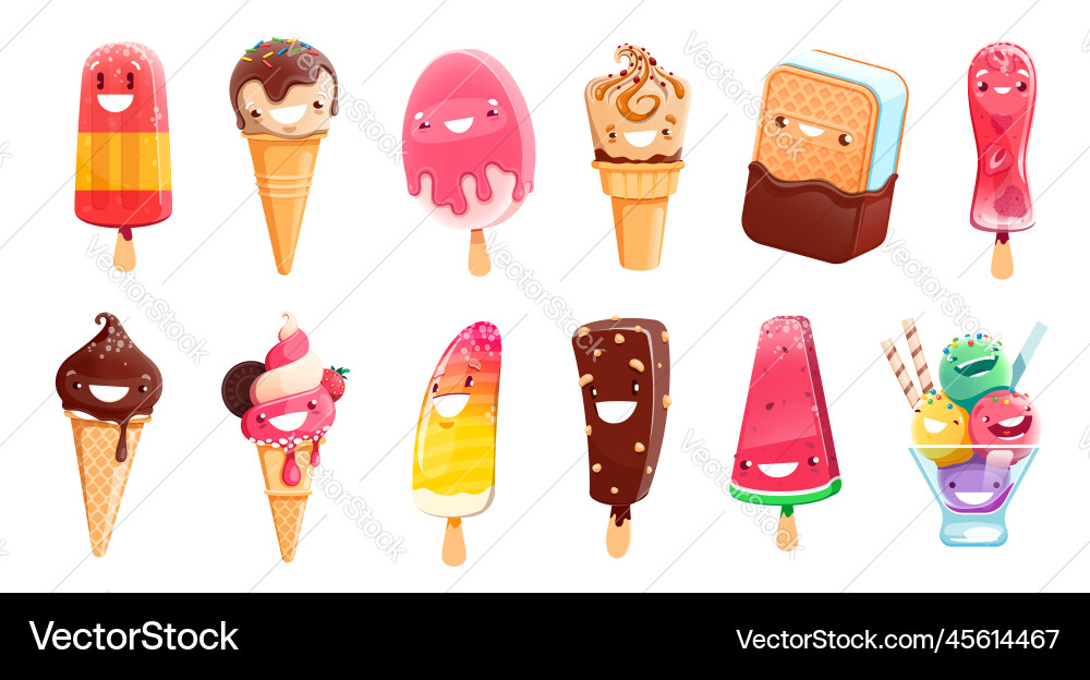 Cartoon ice cream dessert characters isolated set Vector Image