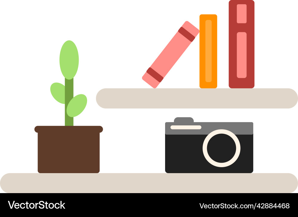 Shelf with home decorations book and houseplant Vector Image