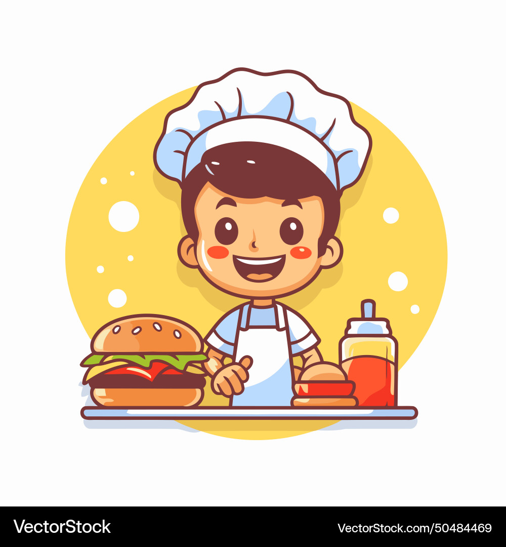 Cartoon chef boy with hamburger and sauce Vector Image