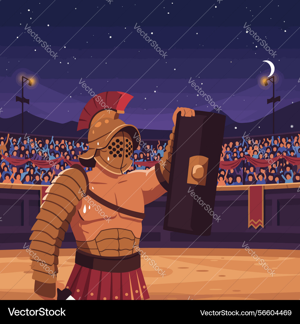 Gladiator holding shield in arena under night sky Vector Image