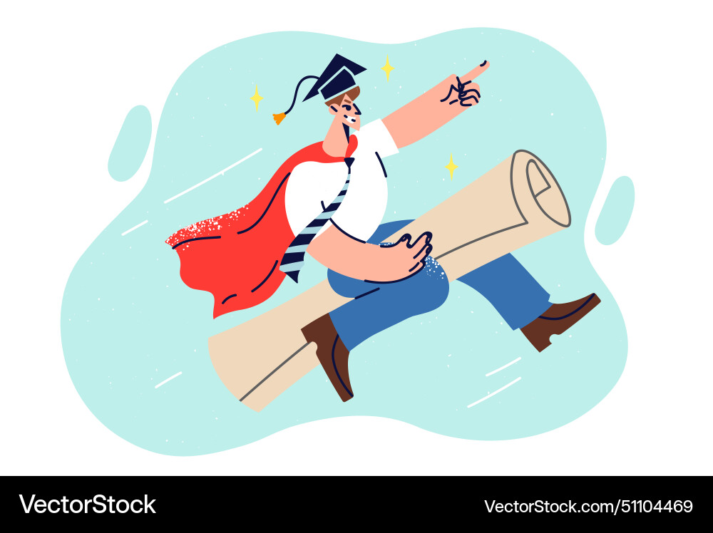 Man graduate student flies through sky Royalty Free Vector