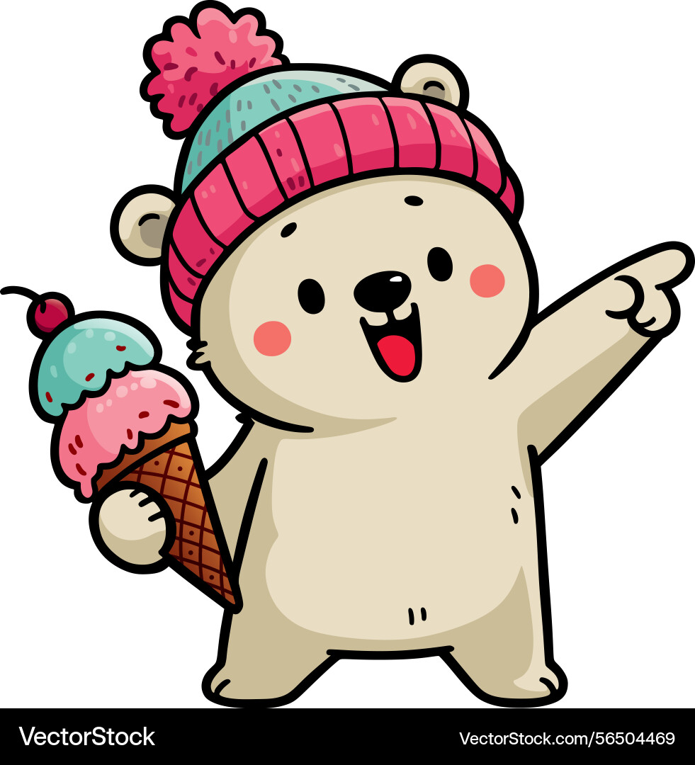Polar bear cub holding ice cream and pointing Vector Image