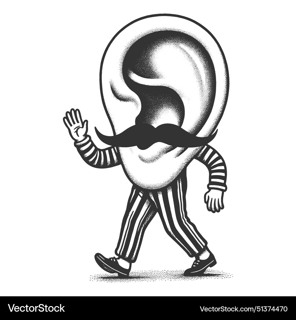 Ear cartoon walking and waving engraving Vector Image