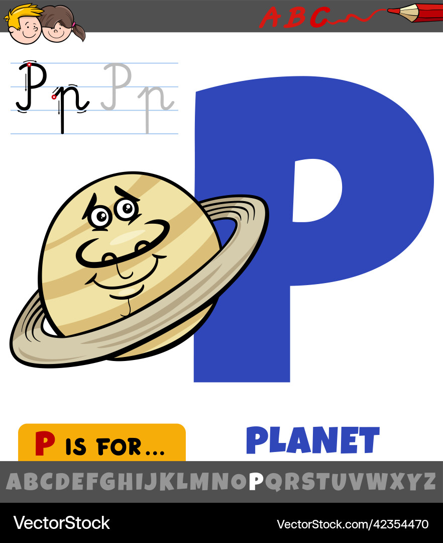 Letter p from alphabet with cartoon planet Vector Image