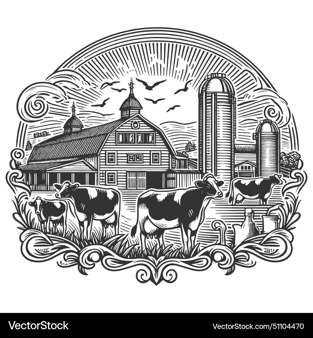 Rustic farm engraving with cattle and barn Vector Image