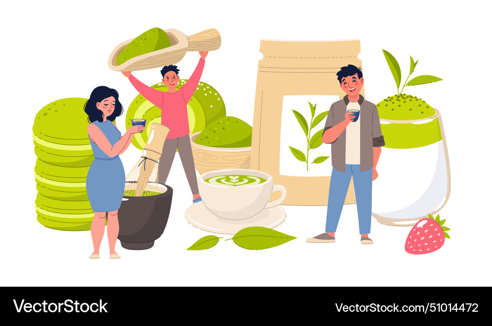 Tiny funny people with matcha products Royalty Free Vector