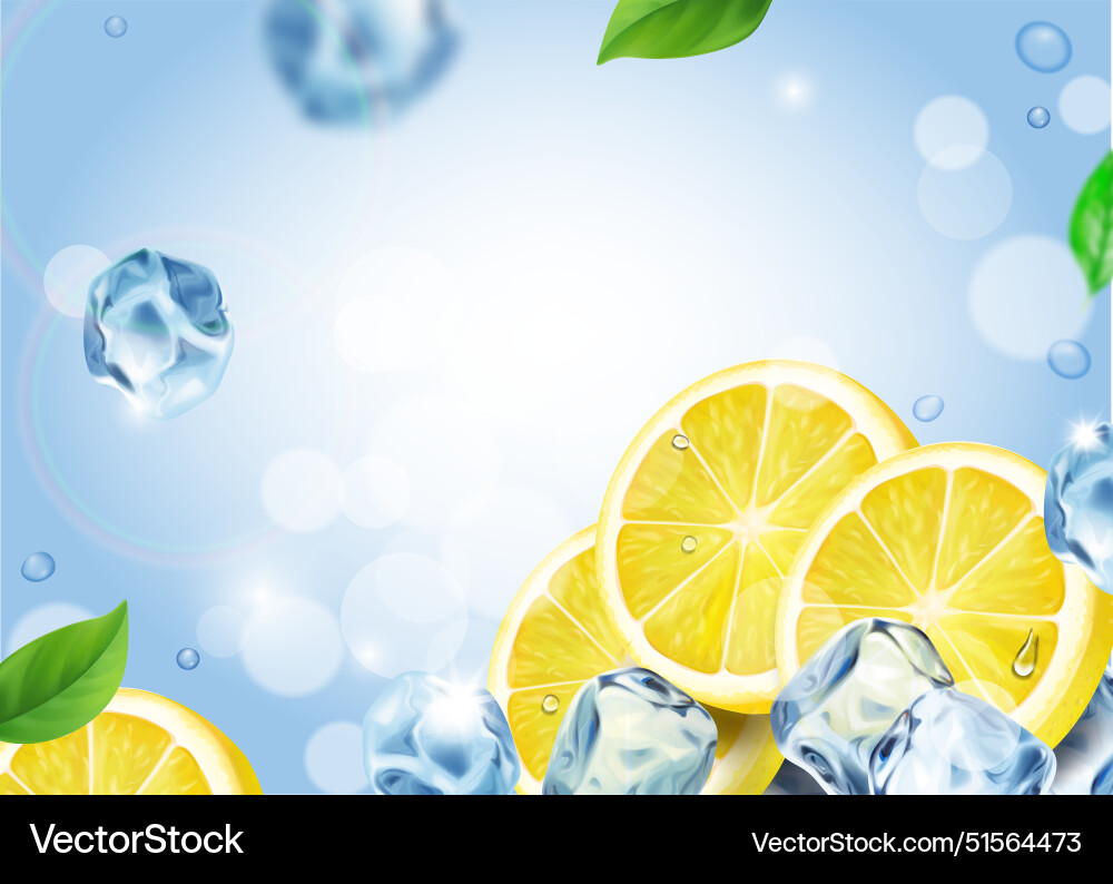 Lemon fruit with ice cubes refreshing background Vector Image