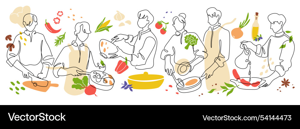 People cook food kitchen line art culinary chef Vector Image