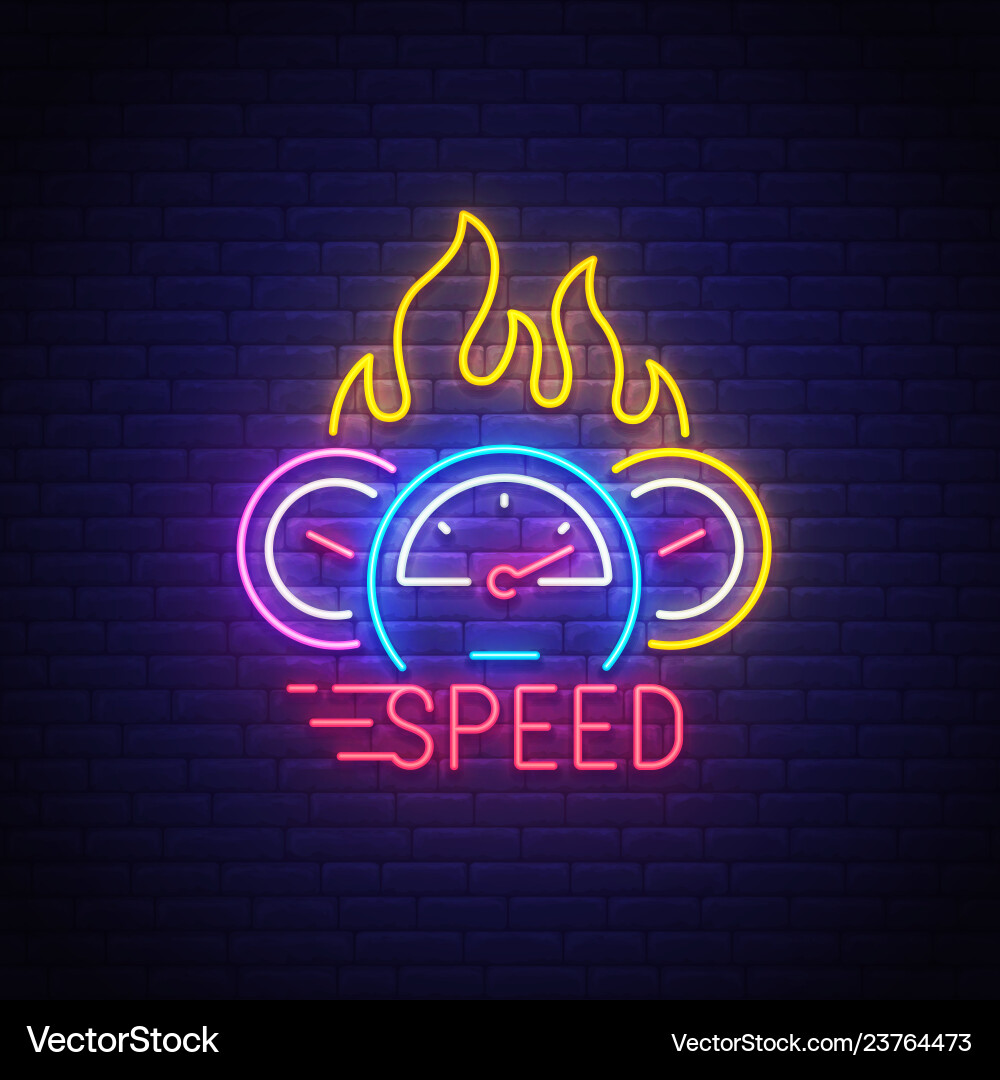 Speed neon sign speedometer logo Royalty Free Vector Image