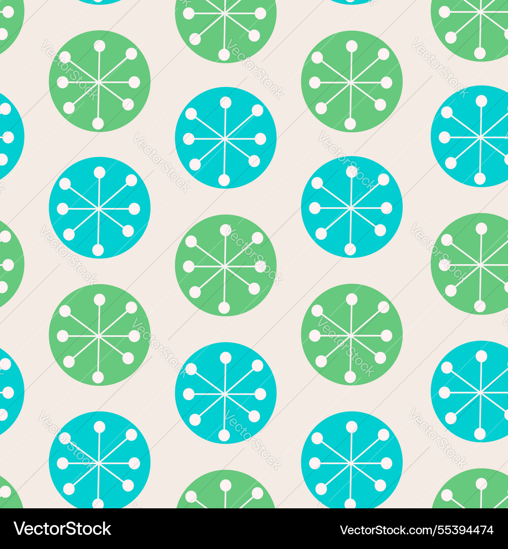 Atomic stars on green teal circle seamless pattern