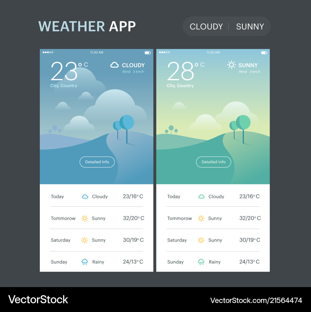 Cloudy & Sunny Weather App Template Royalty Free Vector
