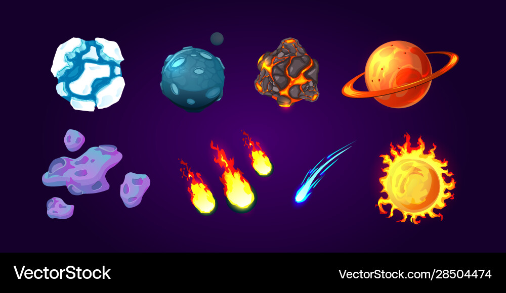 Planets and asteroids cartoon set Royalty Free Vector Image