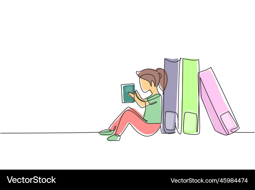 Single one line drawing little girl reading Vector Image Single one line drawing little girl reading Vector Image