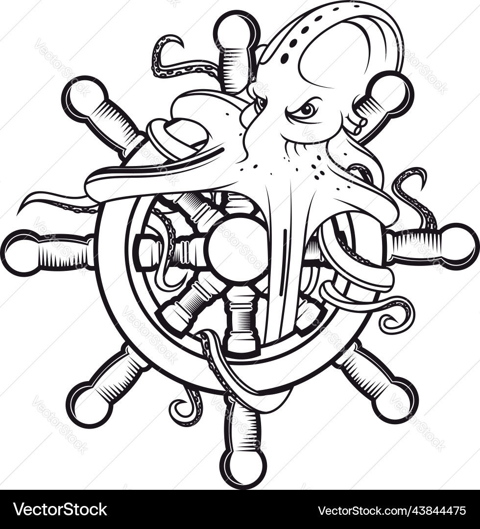 Octopus with tentacles on ship helm marine icon Vector Image