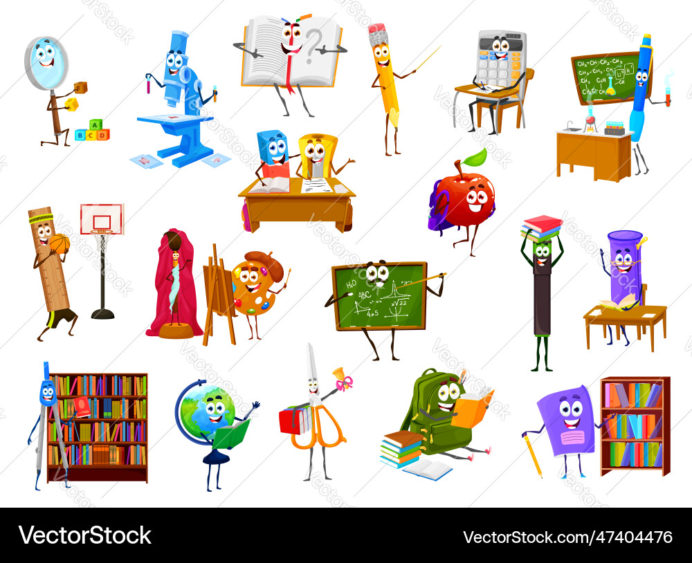 School supply stationery cartoon characters set Vector Image