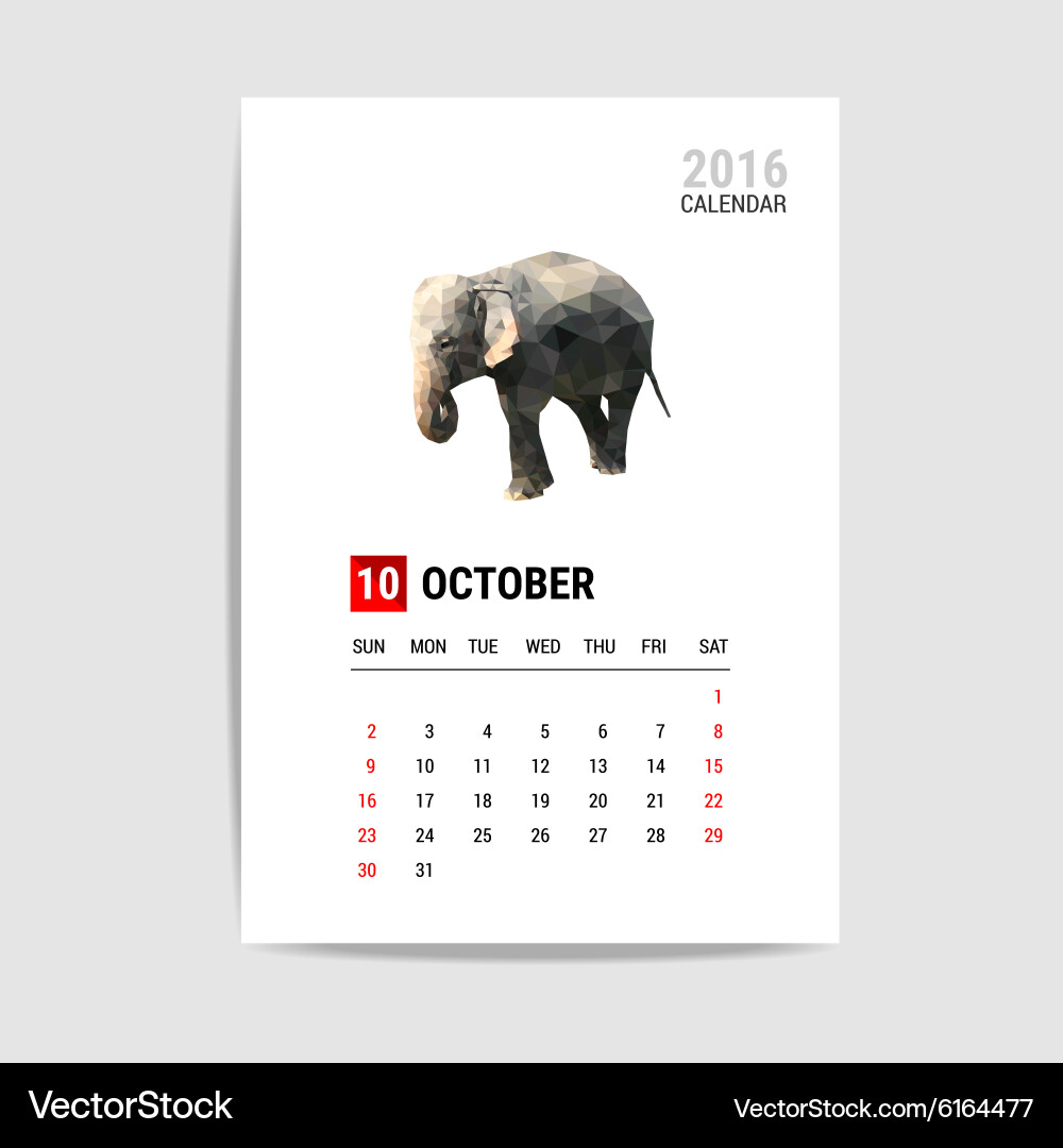 2016 october calendar elephant polygon Royalty Free Vector