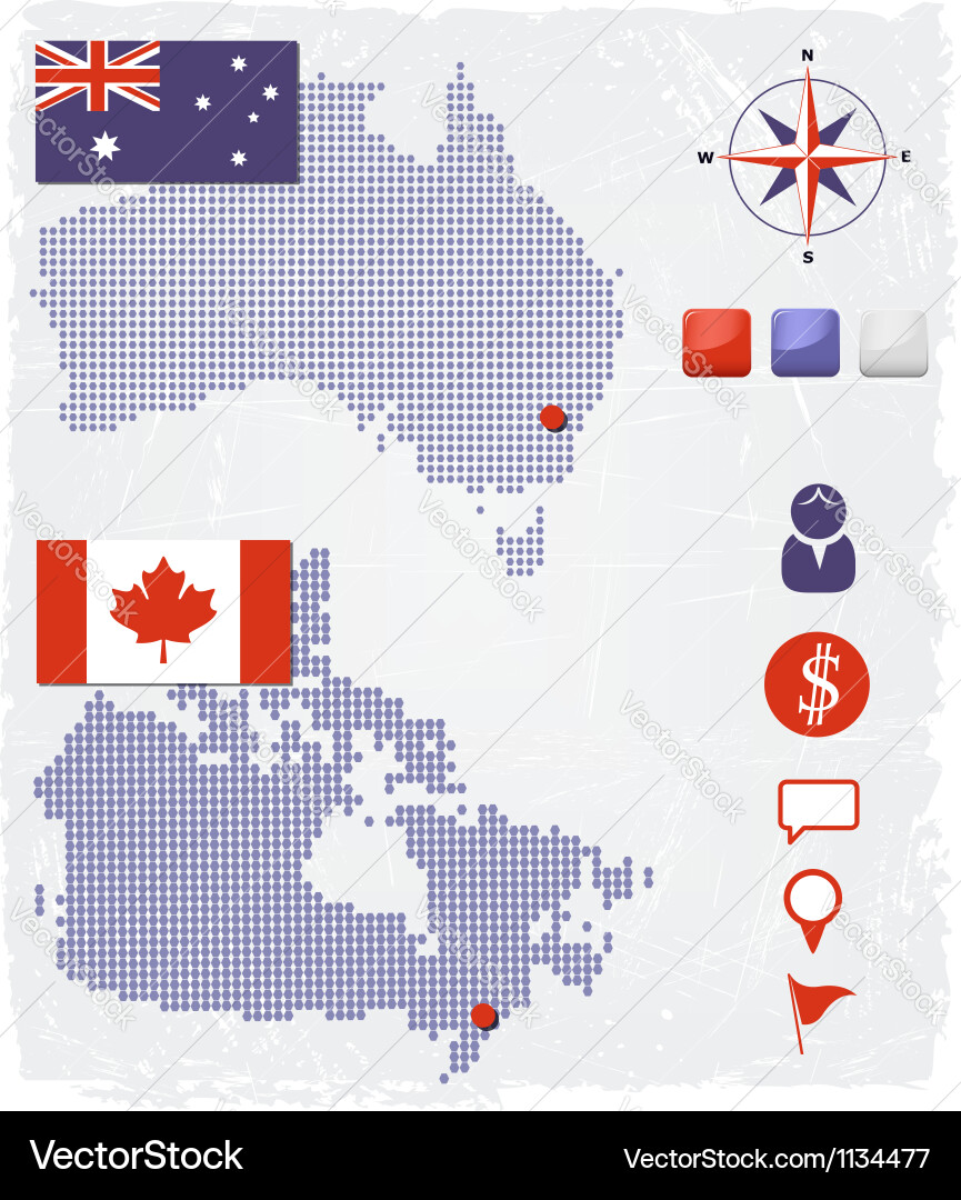 Australia and canada dotted maps with design eleme