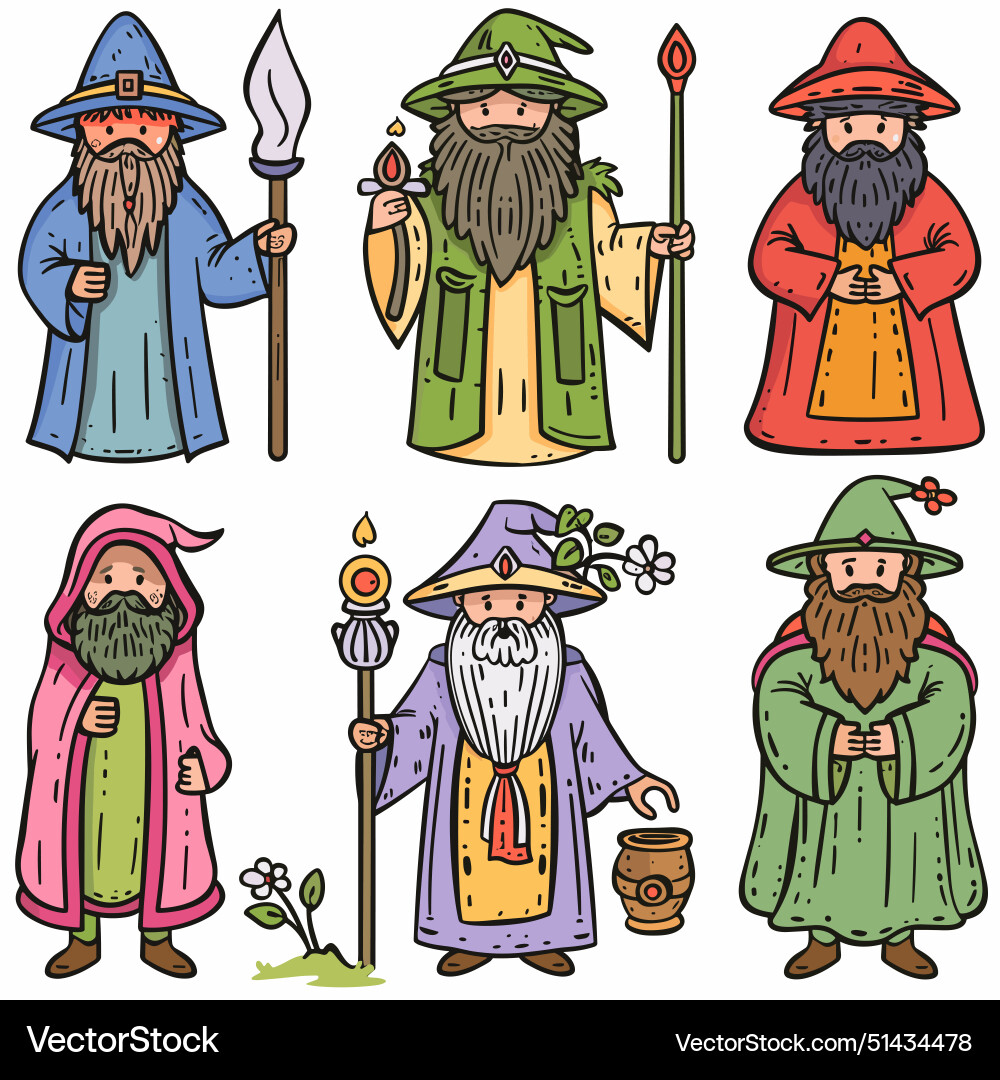 Six wizards unique design hold various mystical Vector Image