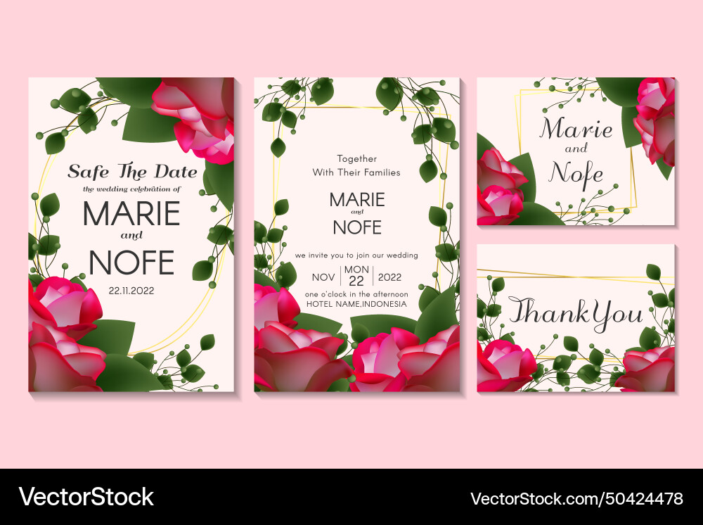 Wedding invitation with red flower and leaf Vector Image