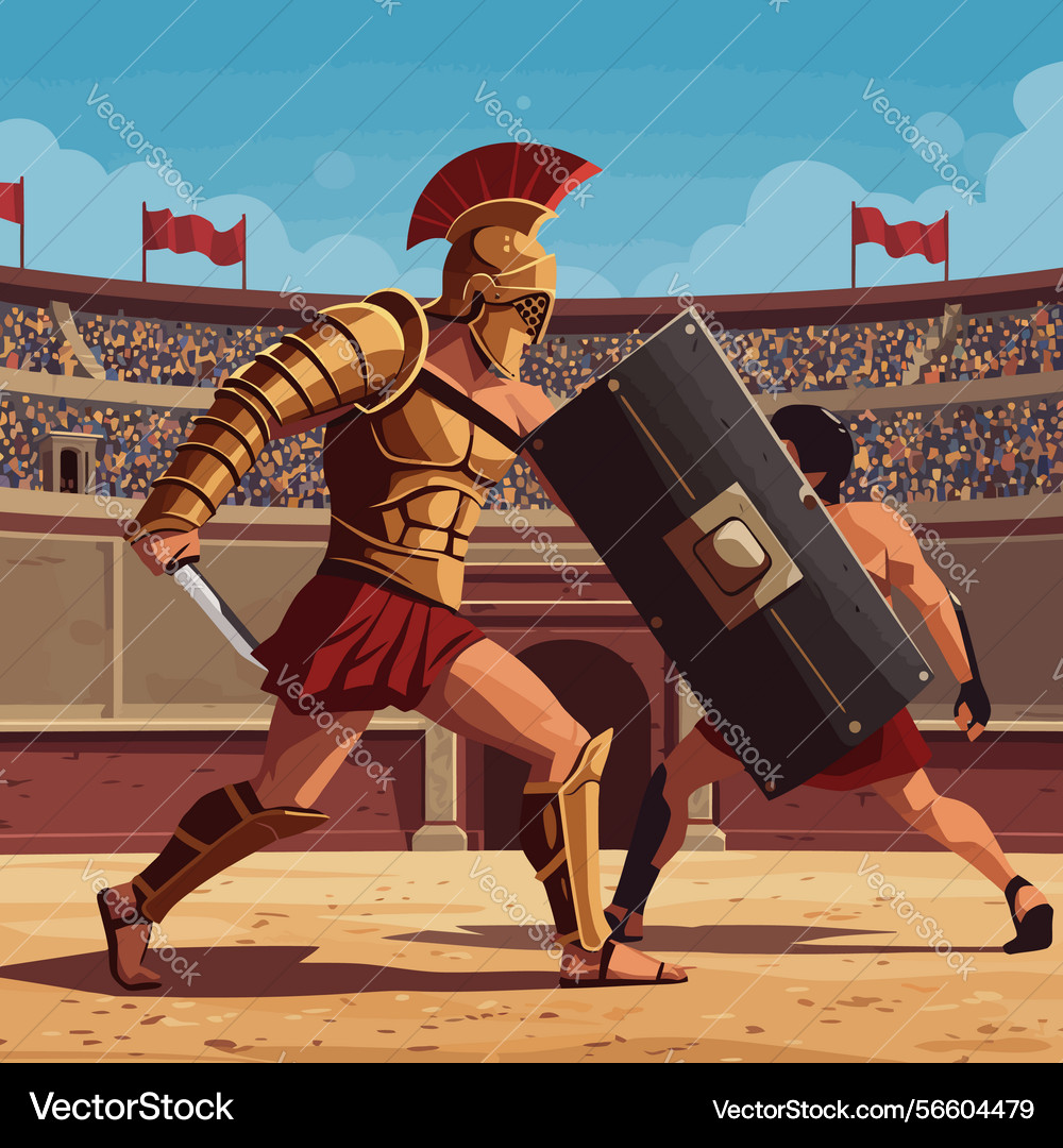 Gladiators fighting in arena with swords Vector Image