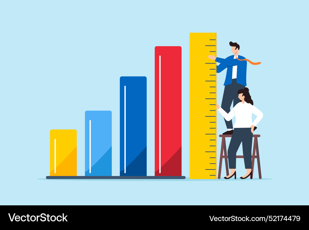 Two business people with ruler measuring bar graph