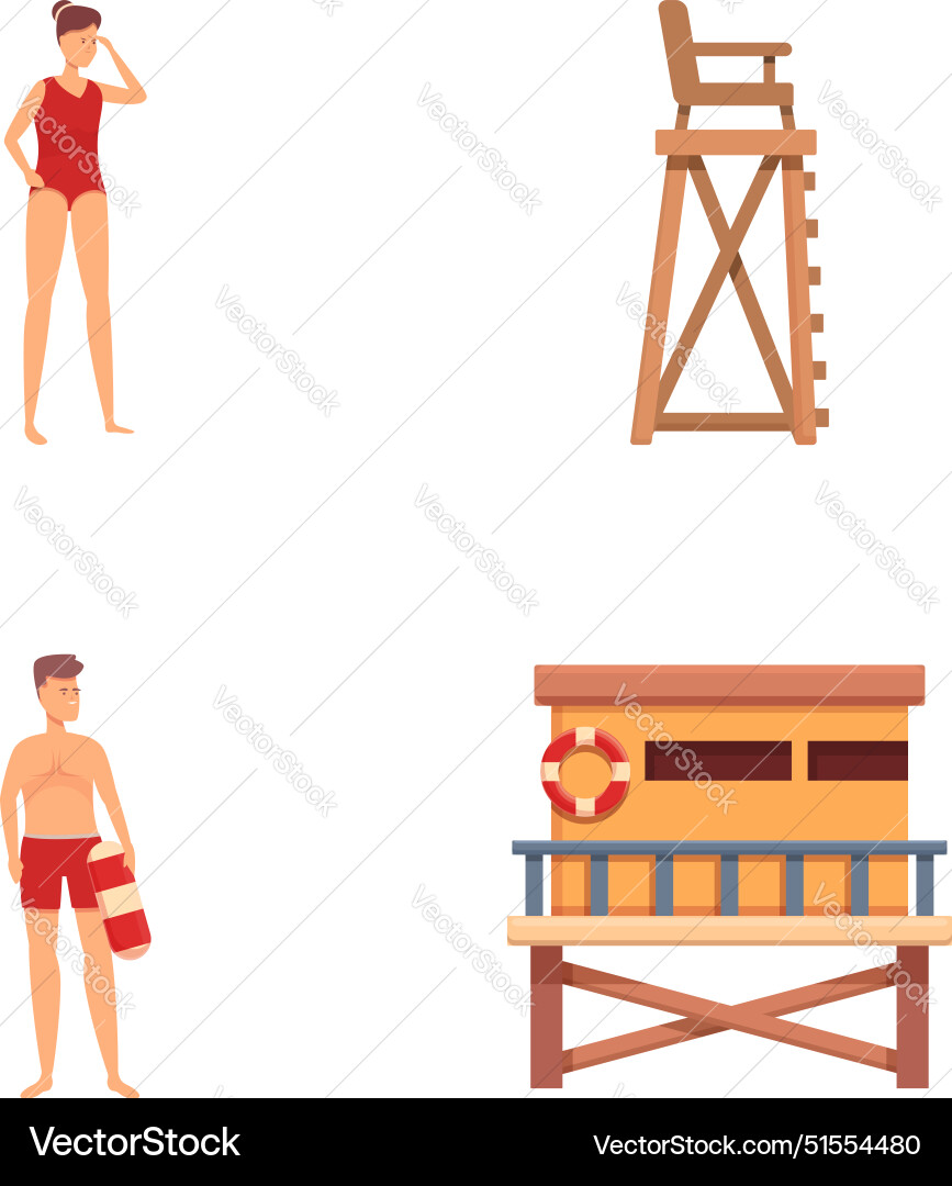 Lifeguard post icons set cartoon rescue Royalty Free Vector