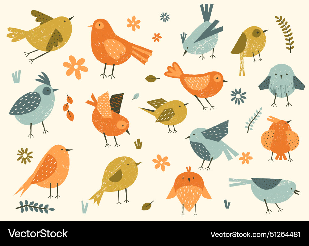 Cute birds with floral elements cartoon colorful Vector Image