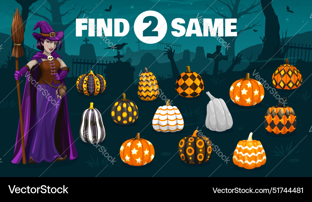 Halloween game help to witch find two pumpkins Vector Image