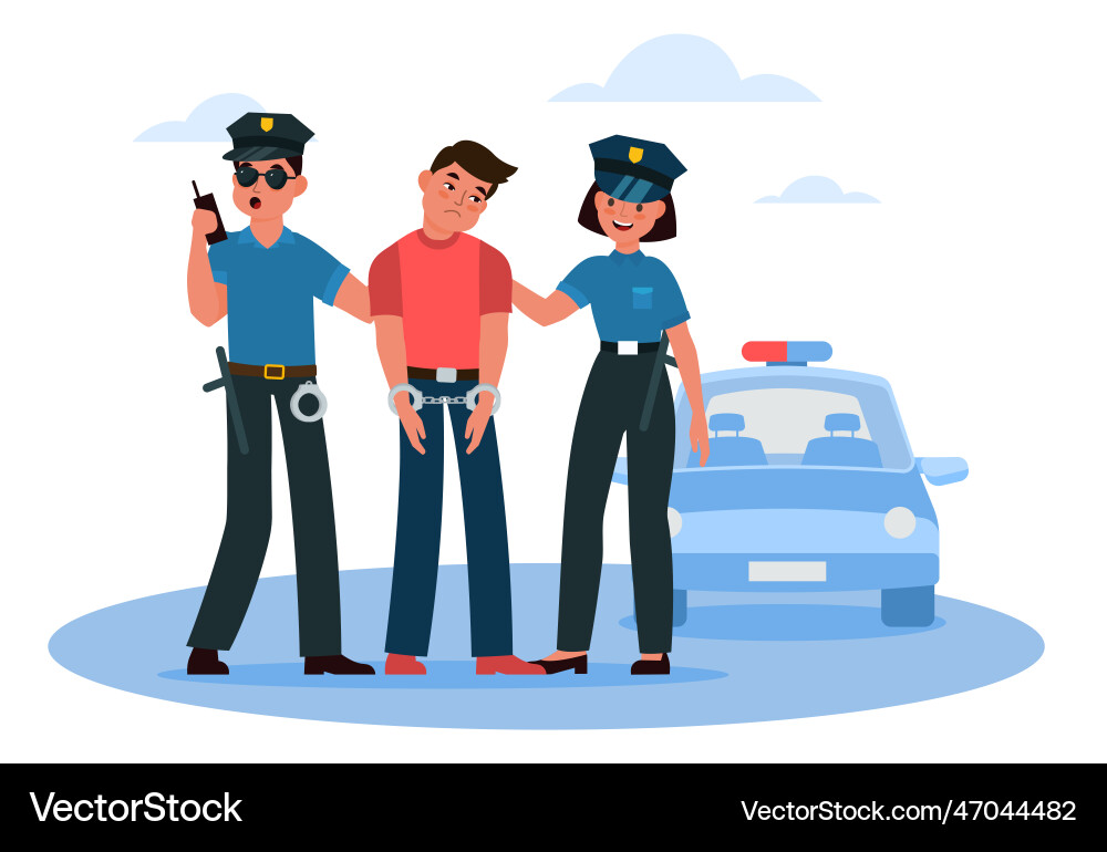 Two Policemen And Woman Arrested Criminal Vector Image