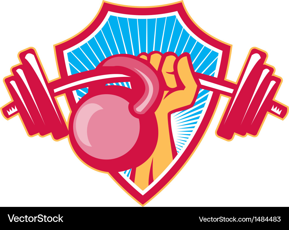 Hand lifting barbell kettlebell crest Royalty Free Vector